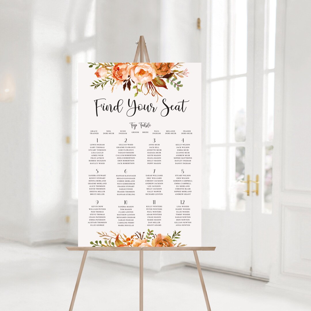 Burnt Orange Wedding Table Plan Autumn Rusty Floral Seating - Etsy