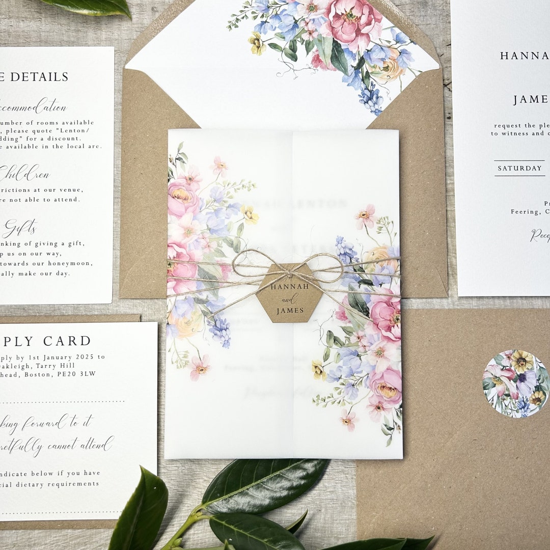 Rustic Colourful Pastel Wedding Invitation, Botanical Floral Vellum ...