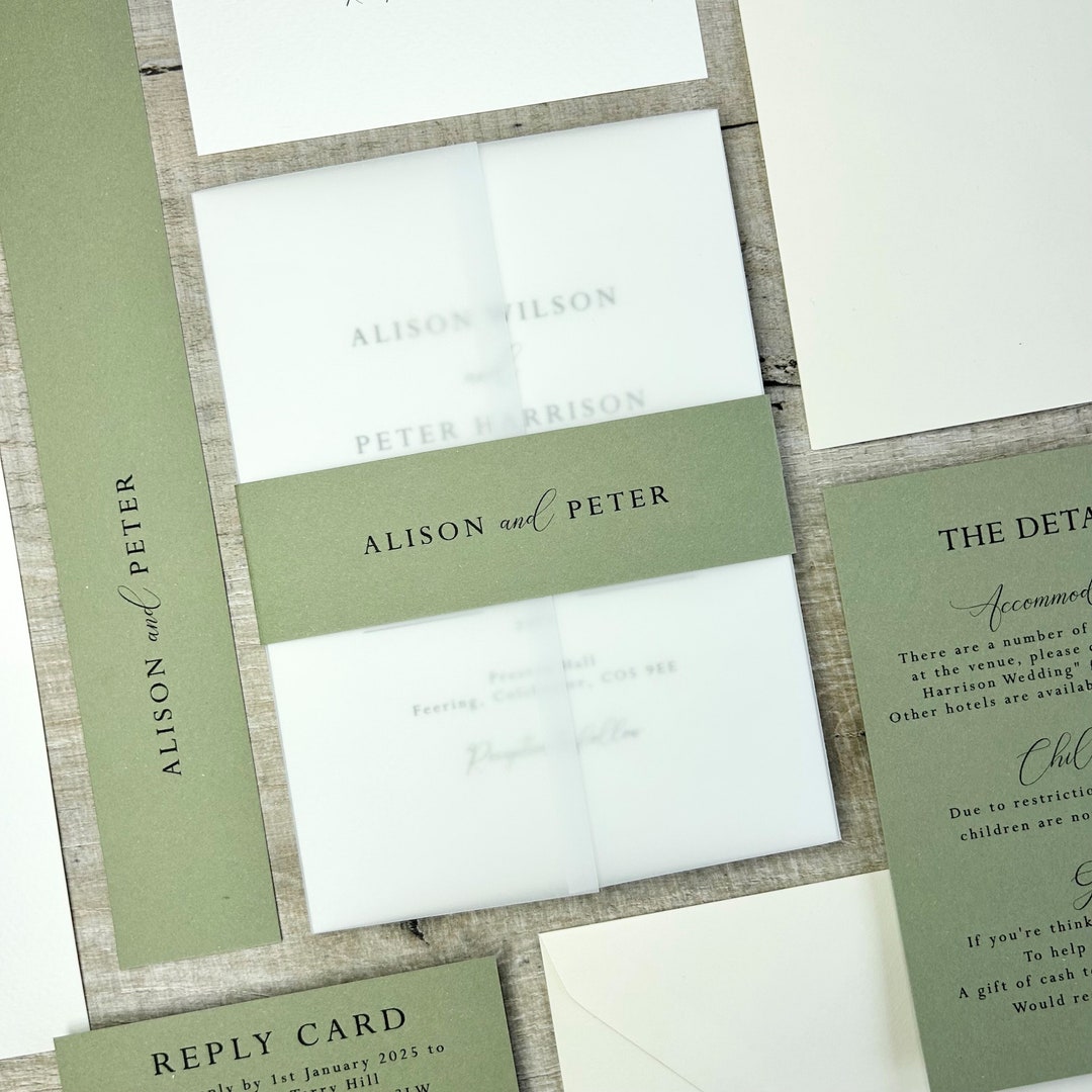 Simple Sage Green Wedding Invitations Light Green Modern Belly Band ...