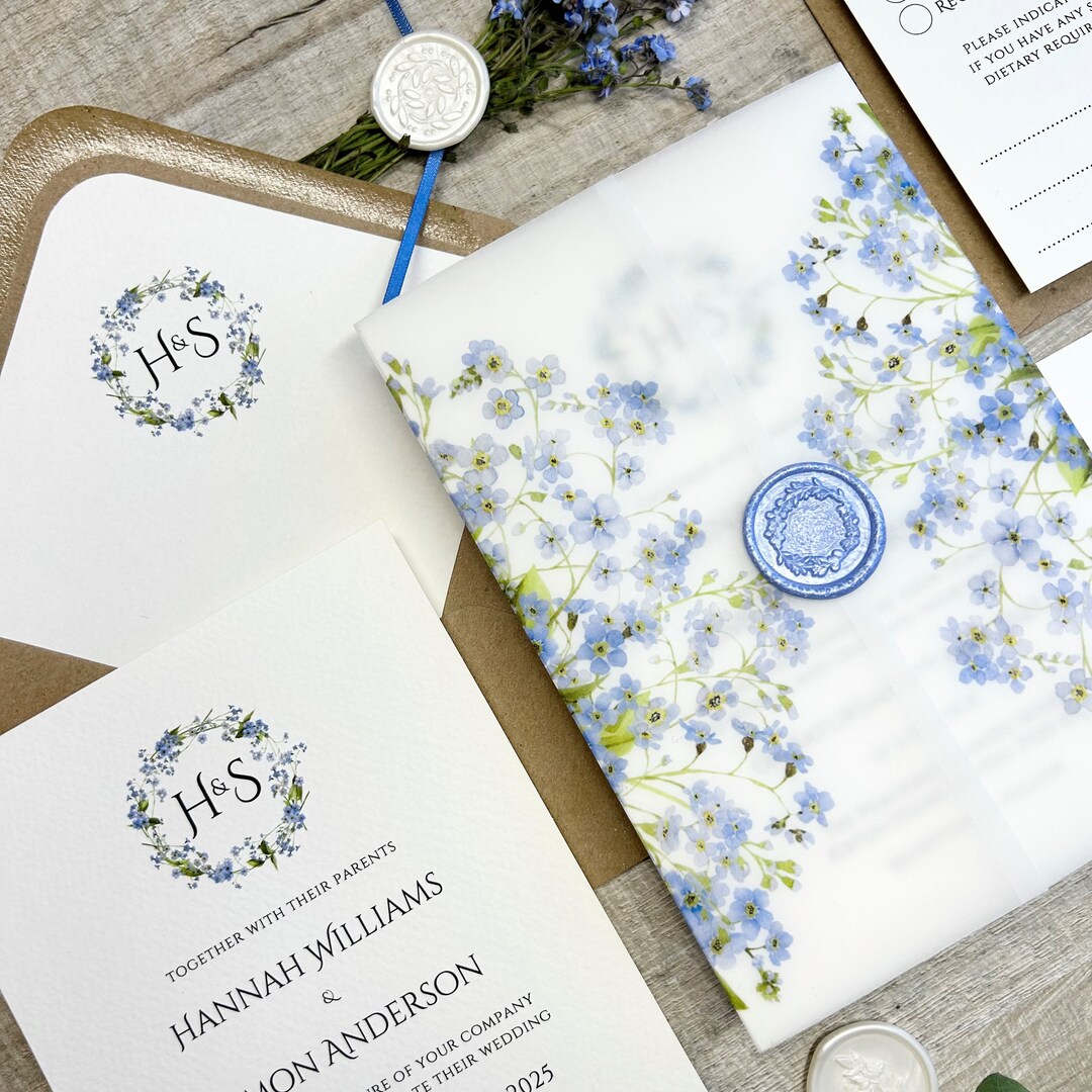 Forget Me Not Blue Vellum Wedding Invitation, Light Blue Wedding Invite ...