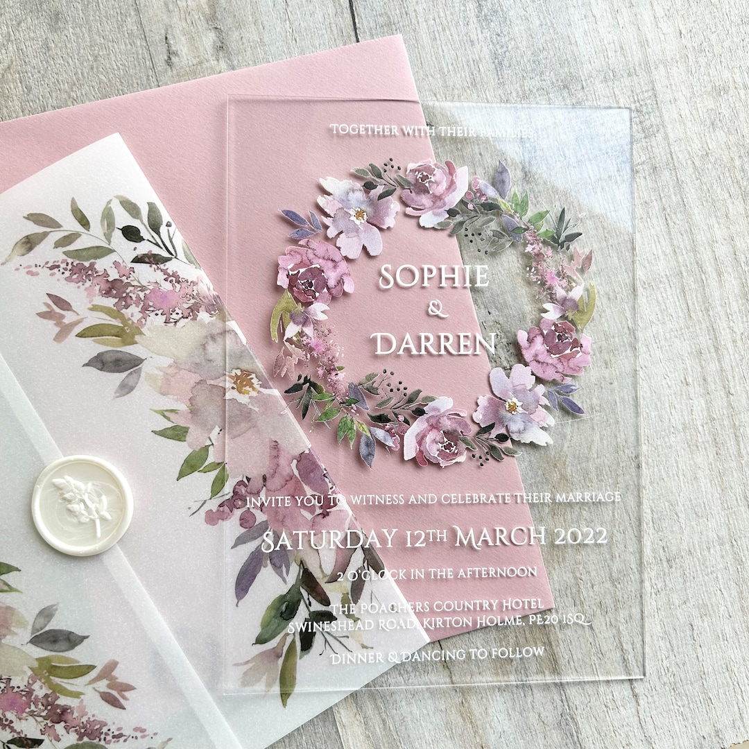 Dusky Pink Acrylic Vellum Wrap Wedding Invitations Greenery & Mauve ...