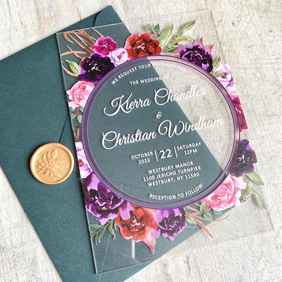 Acrylic Wedding Invitation, Purple, Red, Lilac & Pink Floral Invitation ...