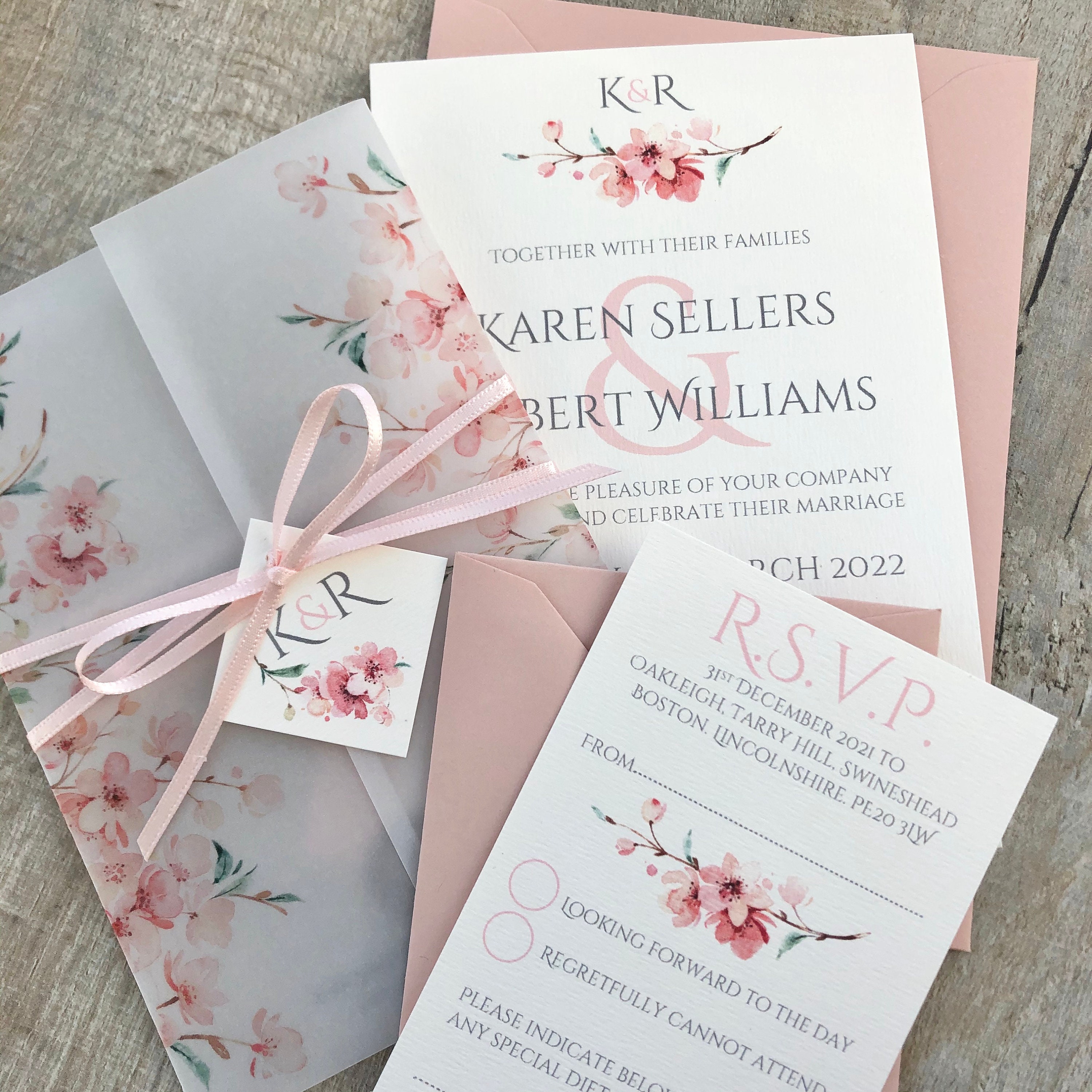 Cherry Blossom Wedding Invitation Blush Pink Vellum Wedding | Etsy