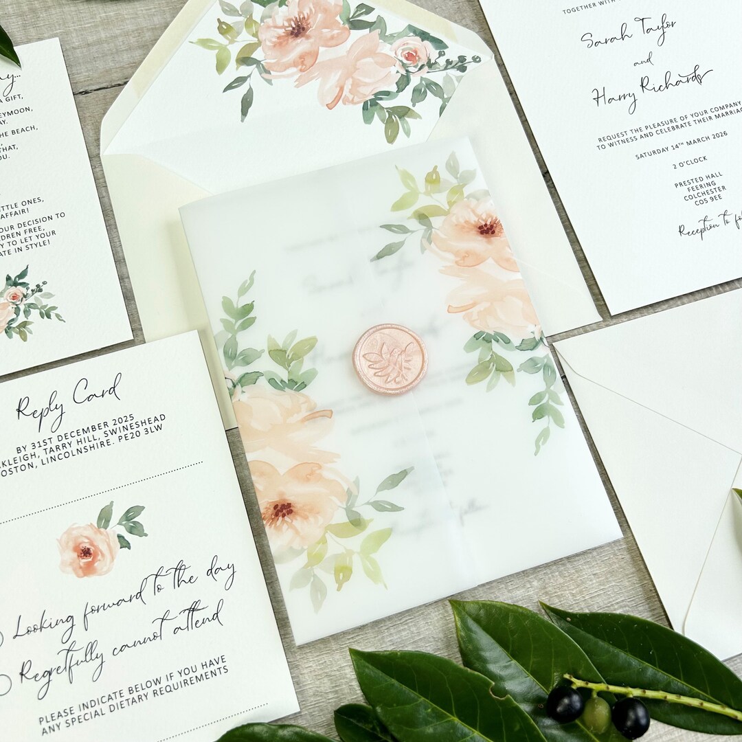 Romantic Peach Vellum Wrap Wedding Invitation, Apricot, Coral, Vellum ...