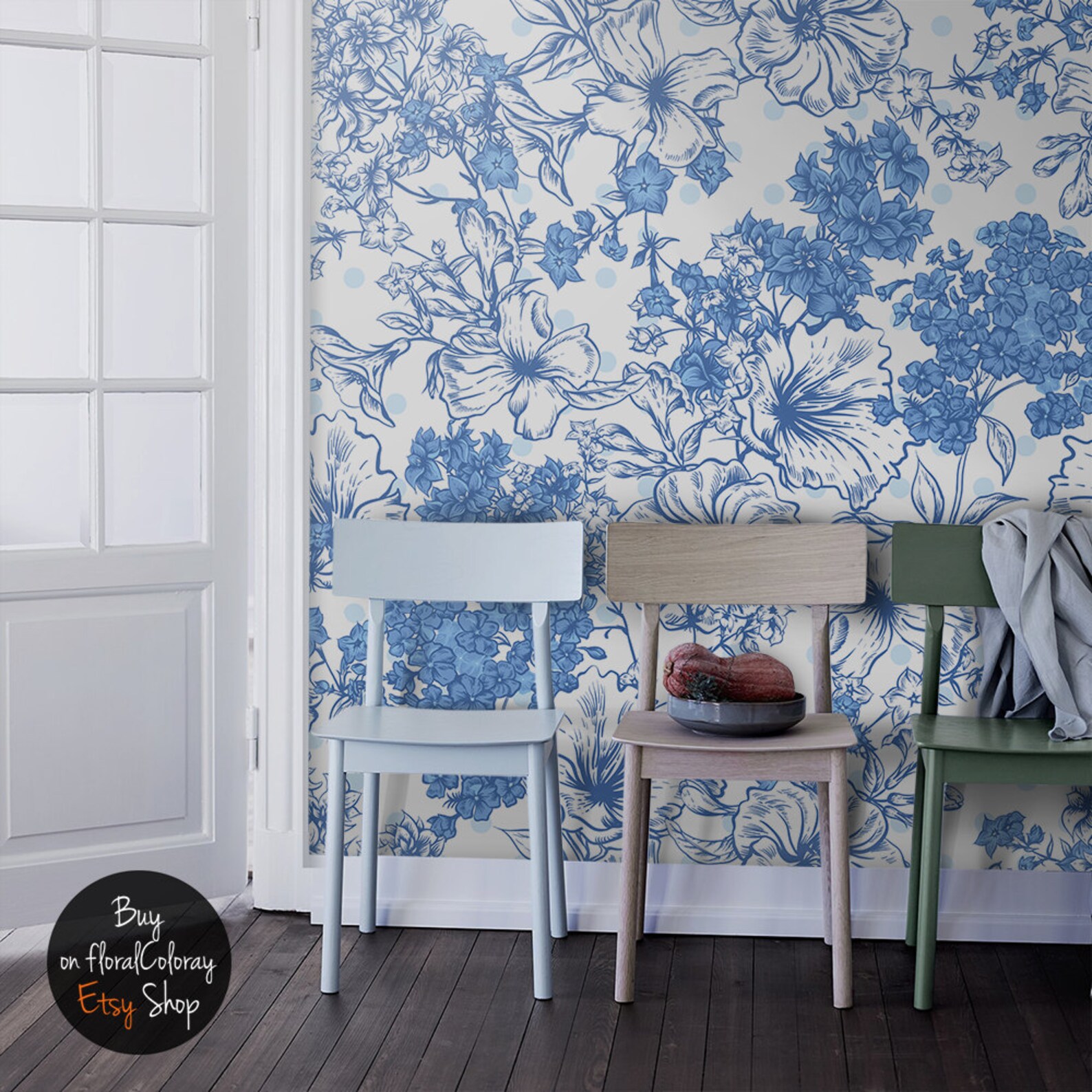 Summer Bouquet Removable Wallpaper Blue Floral Wall Mural | Etsy