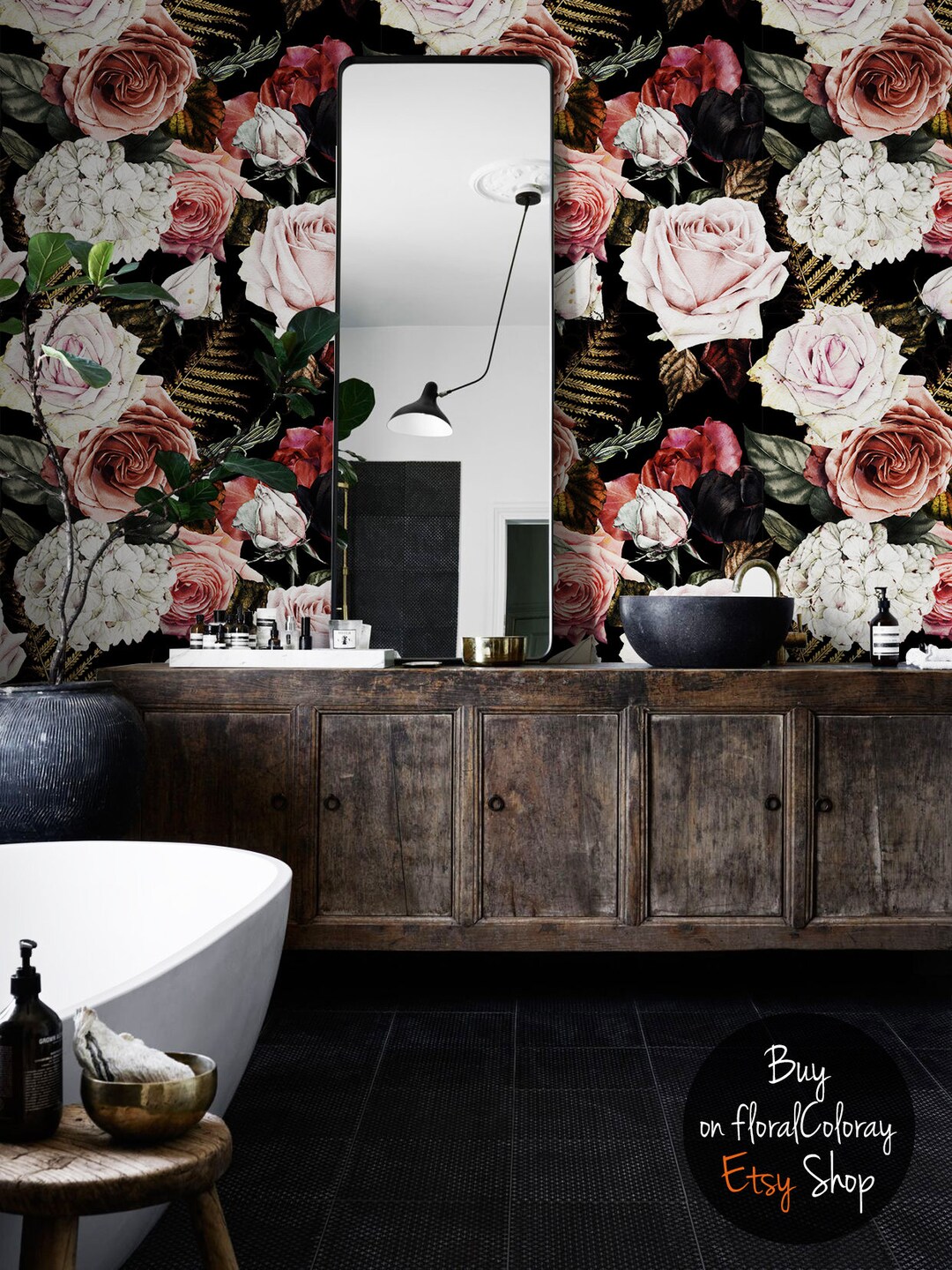 Dark Rose Bouquet Removable Wallpaper, Black Floral Temporary Wallpaper ...