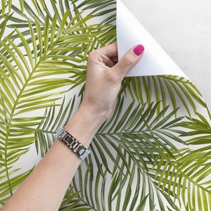 Palm Leaf Removable Wallpaper, Green Temporary Wall Mural, White Peel ...