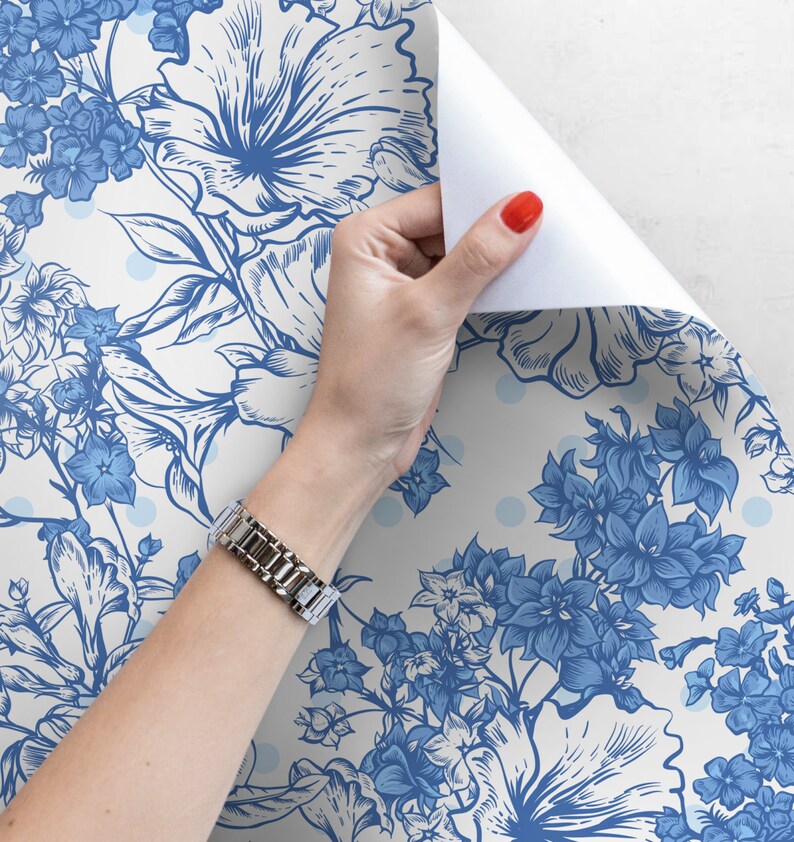 Summer Bouquet Removable Wallpaper Blue Floral Wall Mural | Etsy