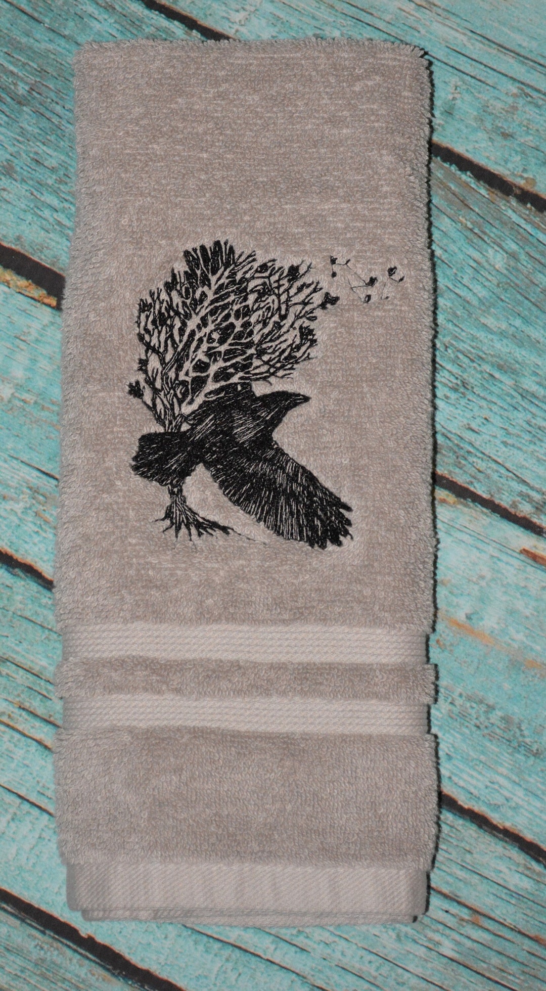 Embroidered Raven in Autumn Tree Hand Towel Gray - Etsy