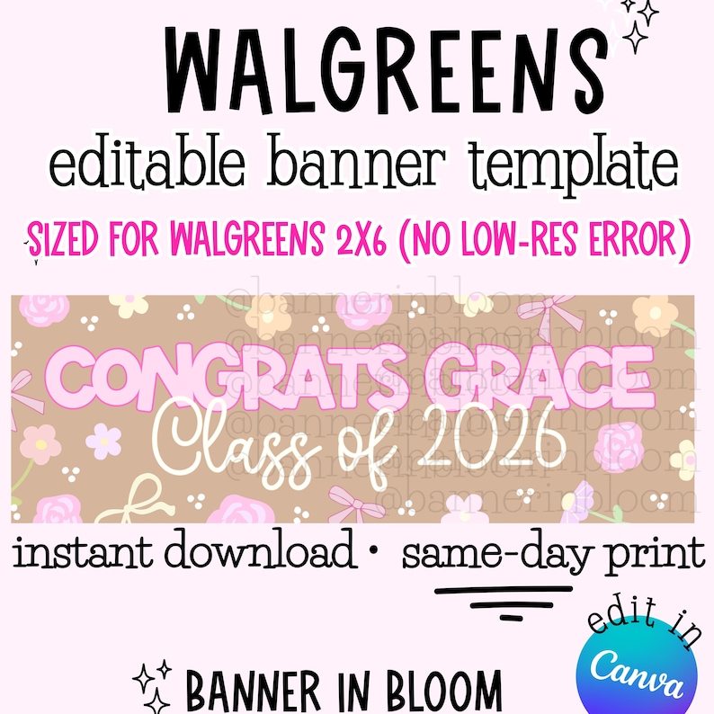 Editable Graduation Banner Template | Pink Coquette Floral (walgreens ...
