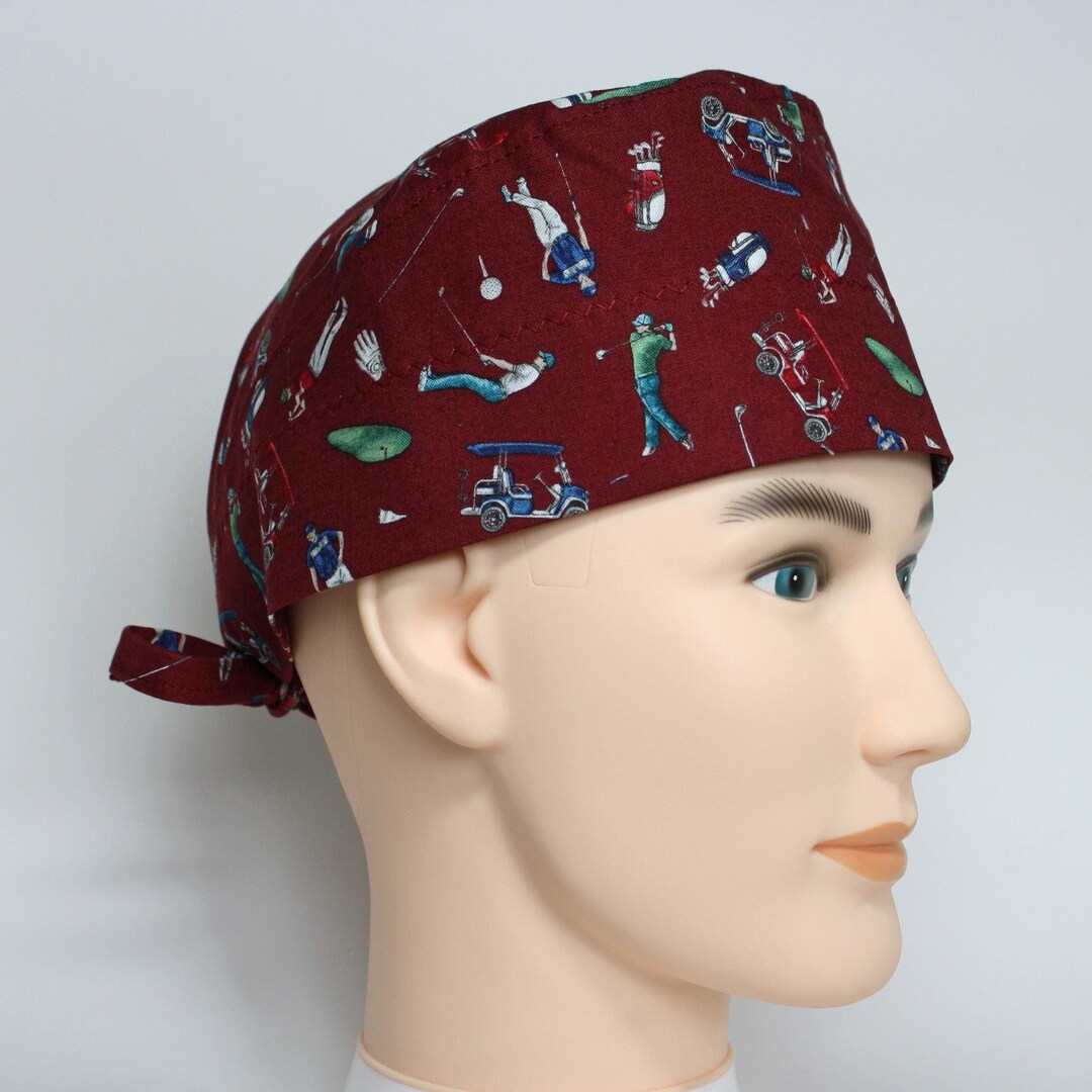 Golf Figures Scrub Cap, Red Surgical Hat With Tie Back & Optional ...