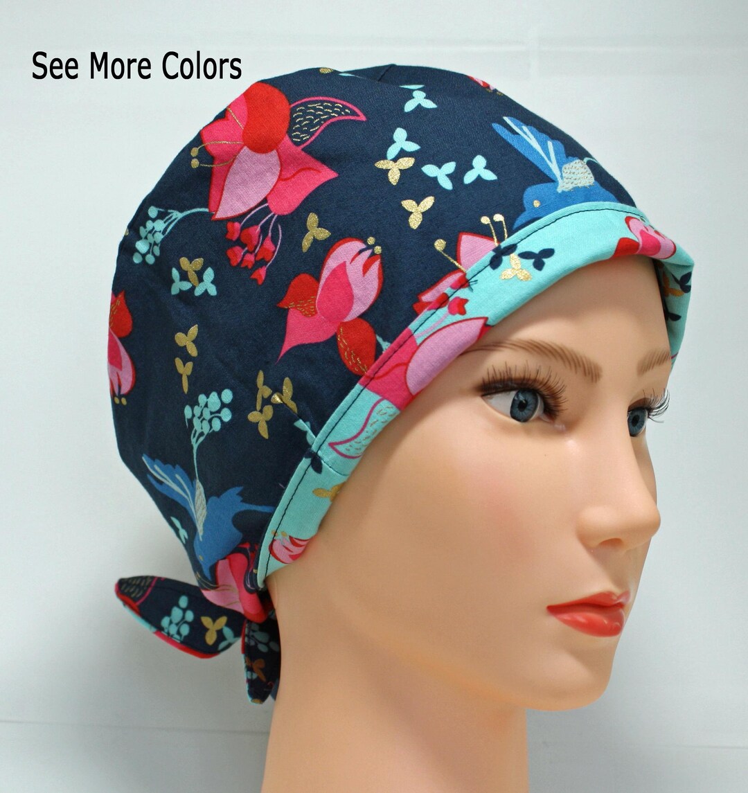 Reversible Surgical Scrub Cap: Floral Hummingbird Floral Print Cotton ...