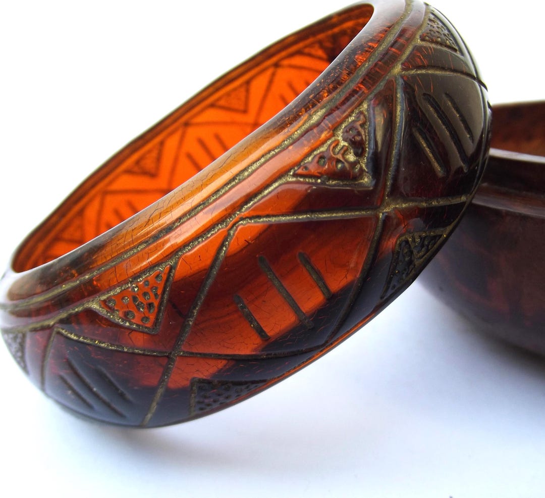 1920s Dark Brown Bakelite Bangle With Gold Symbols, Bakelite Red Brown ...