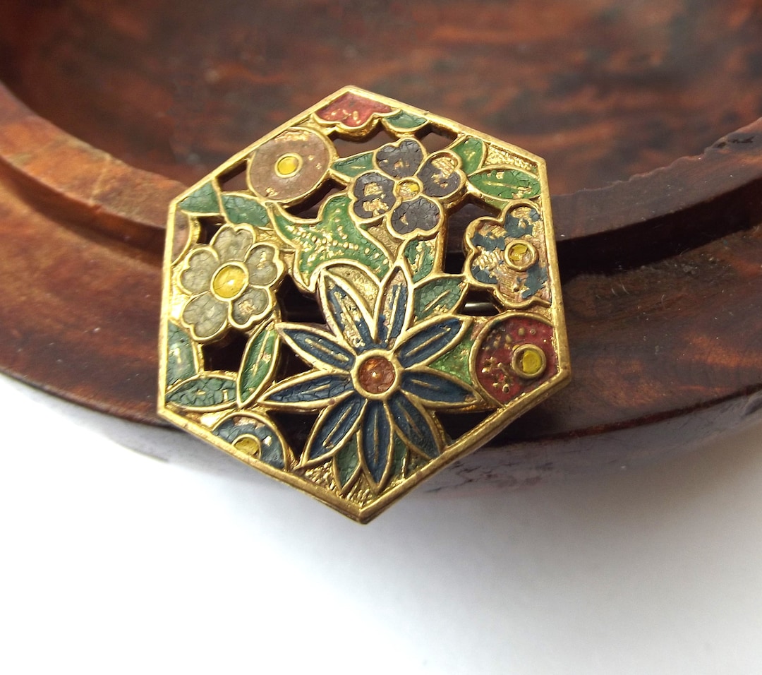 1930s Art Deco Flower Enamel Hexagon Brooch, Art Deco Flower Brooch ...
