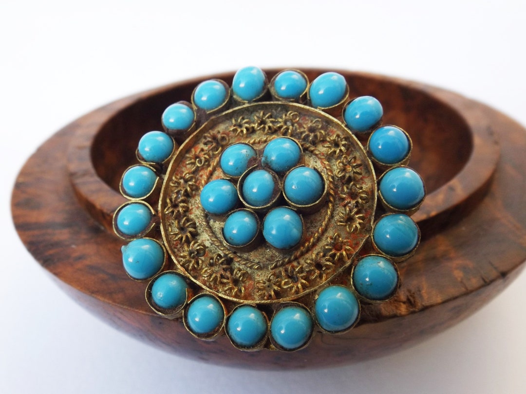 1910s Georgian Gilt Blue Glass Circle Brooch, Old Gilt Blue Stone ...