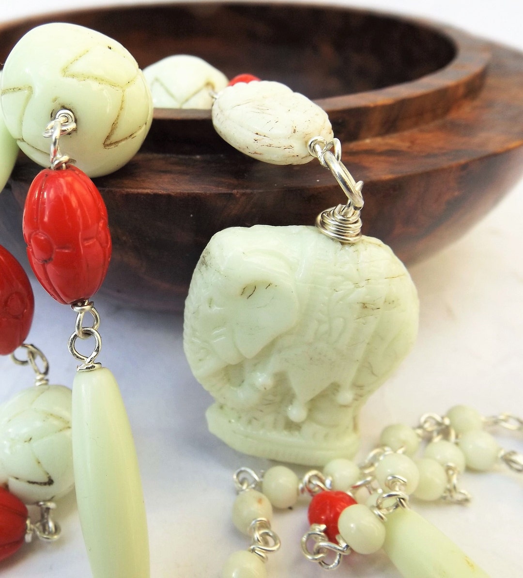 1930s Neiger Glass Elephant Pendant Necklace, Red Cream Glass Beaded ...