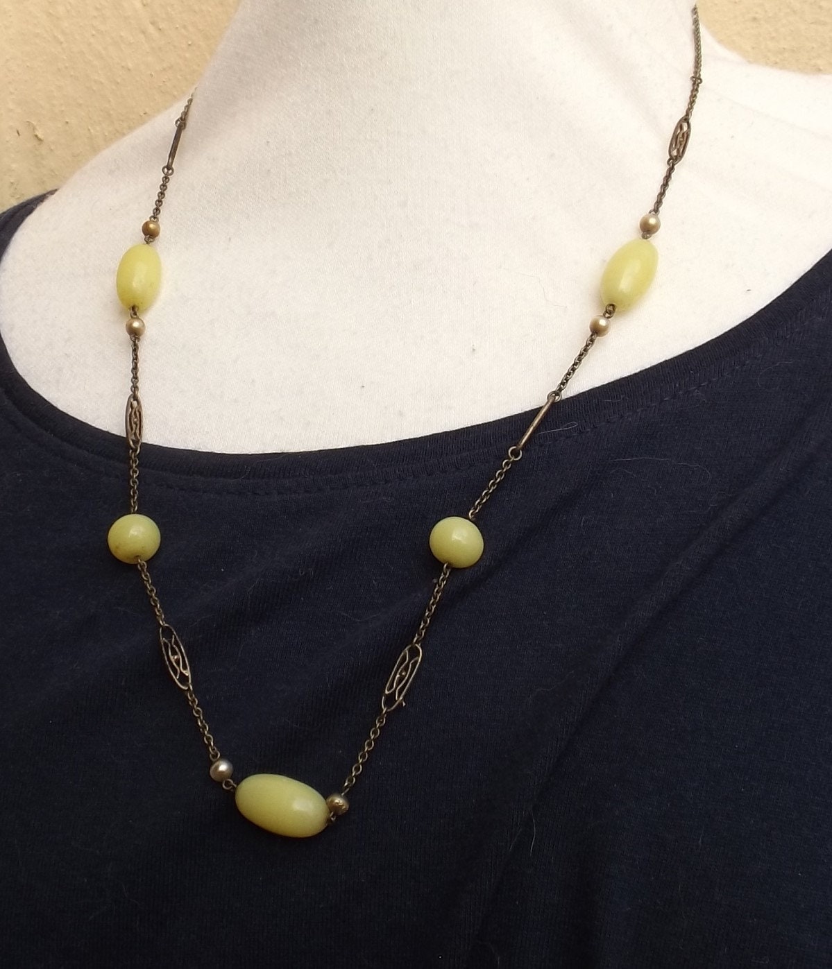 1920s Art Deco Custard Yellow Glass Chain Necklace Chain - Etsy