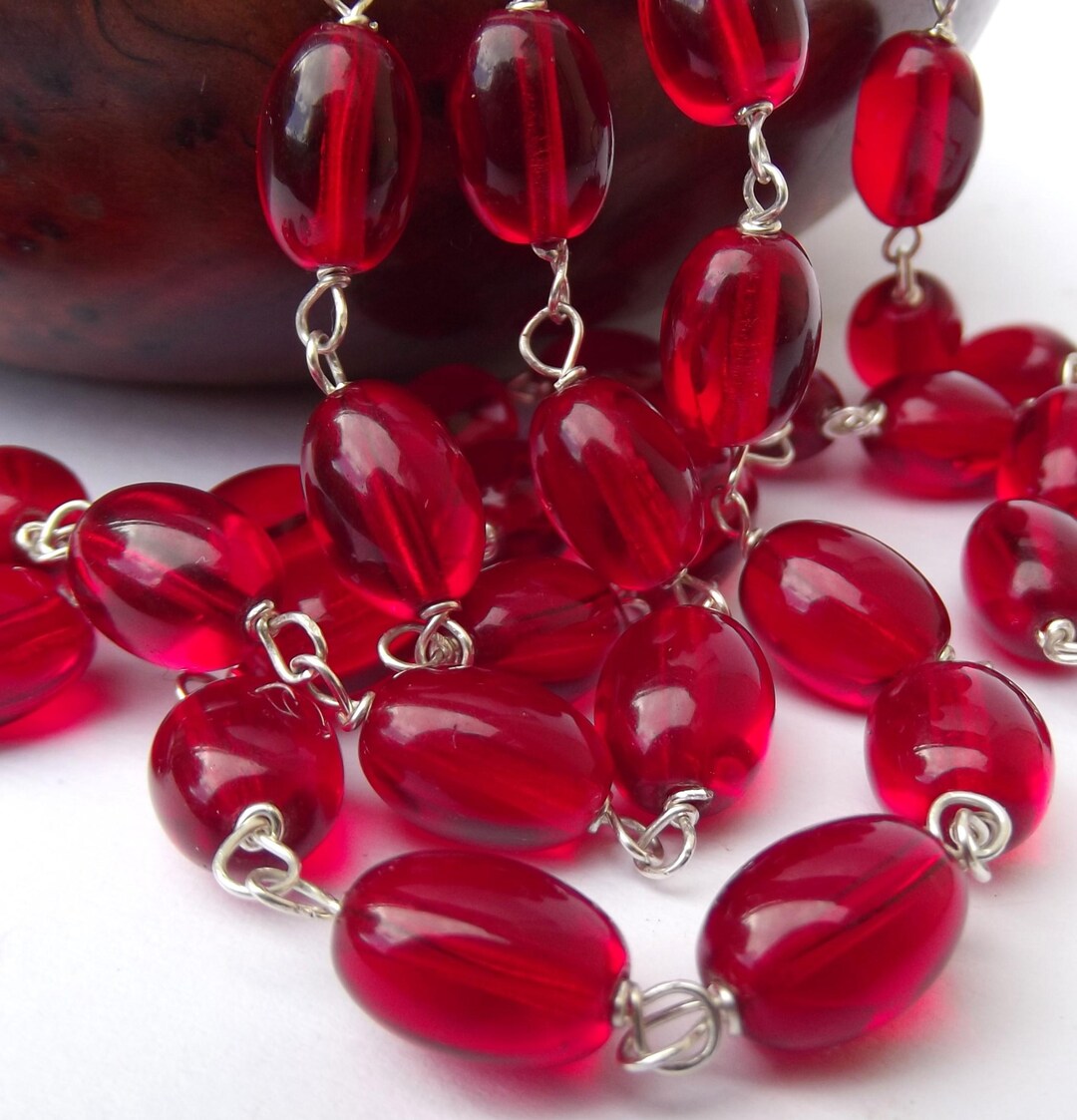 1930s Red Glass Necklace, Long Red Glass Necklace, Art Deco 1930s Red ...