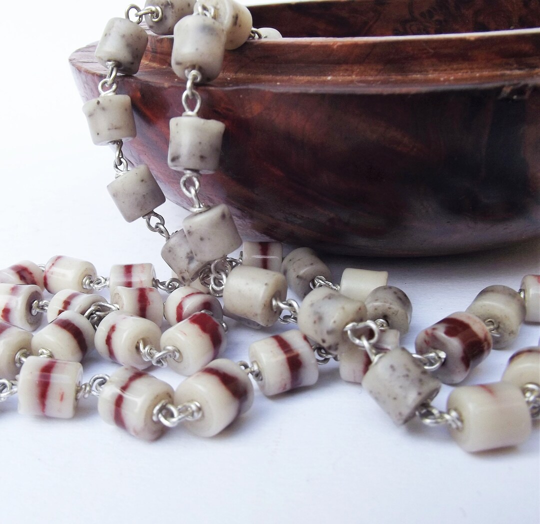 1920s Art Deco Grey Red Line Glass Necklace, Glass Deco Necklace, Glass ...