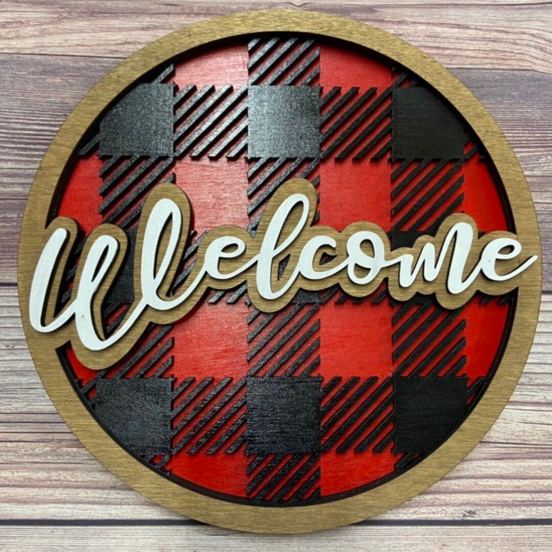 Plaid Welcome Sign: Layered Round Door Decor - Etsy