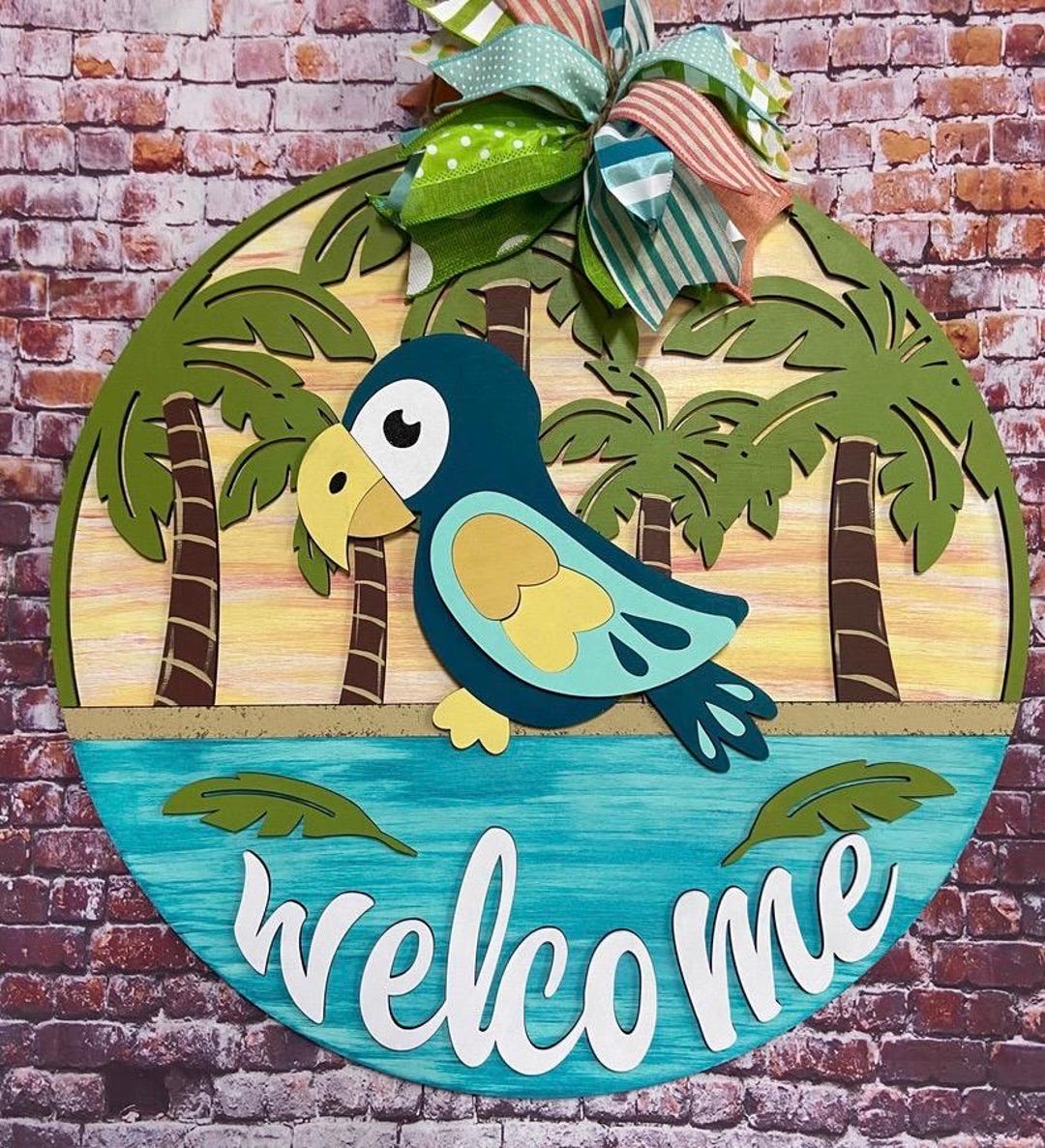 Parrot Beach Welcome Sign - Tropical Door Hanger (22” Round) - Etsy