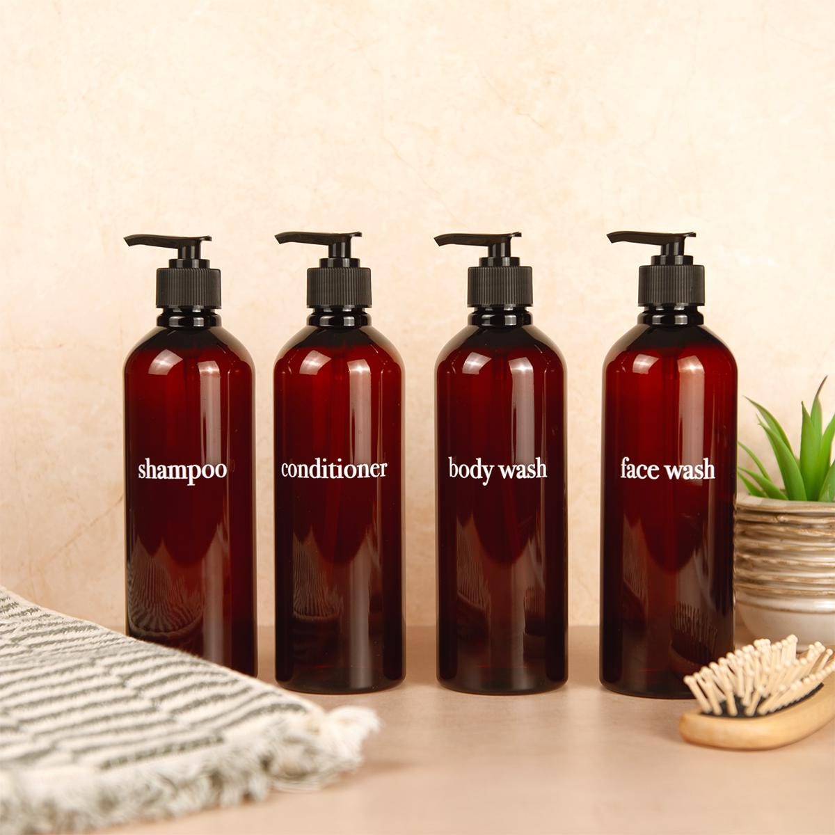 Amber Refillable Shampoo Bottles: Minimalist Bathroom Organizer, Bamboo ...