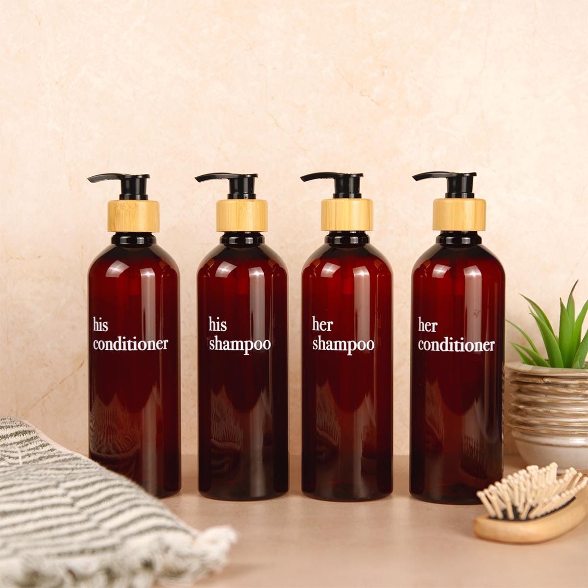 Amber Refillable Shampoo Bottles: Minimalist Bathroom Organizer, Bamboo ...