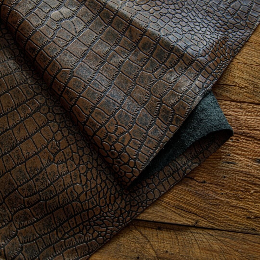 Crocodile Embossed Dark Brown Wax Leather Hides,genuine Leather ...