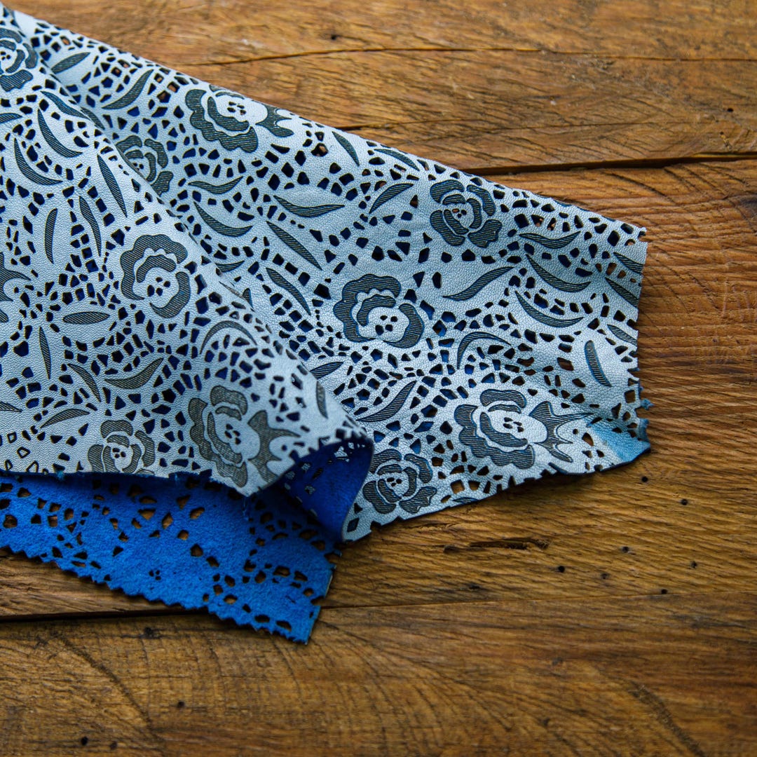 Sky Blue Flower Pattern Laser Cut Cowhide Leather , Crafts, & Accessories ,leather Clothing ...
