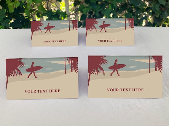 Editable Beach Themed Place Cards for Birthday Party Surfer Place Cards ...