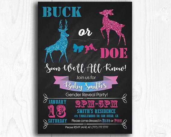 Buck or Doe Gender Reveal Invitation Country Themed Pink and Blue ...