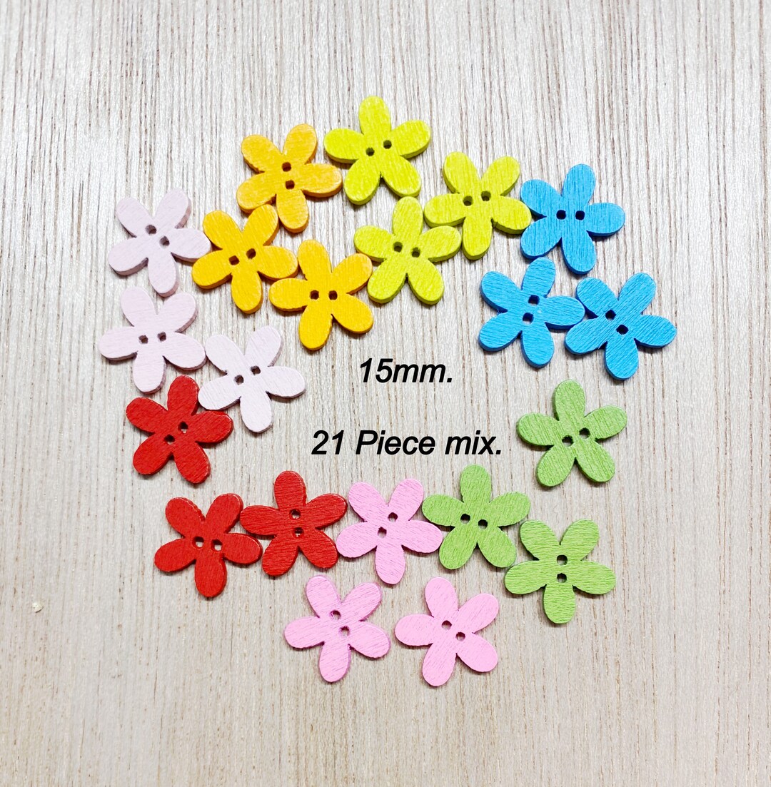 Daisy Wood Buttons, 21 Mix, Blue, Red, Pink, Green, Sewing Notion, 2 ...