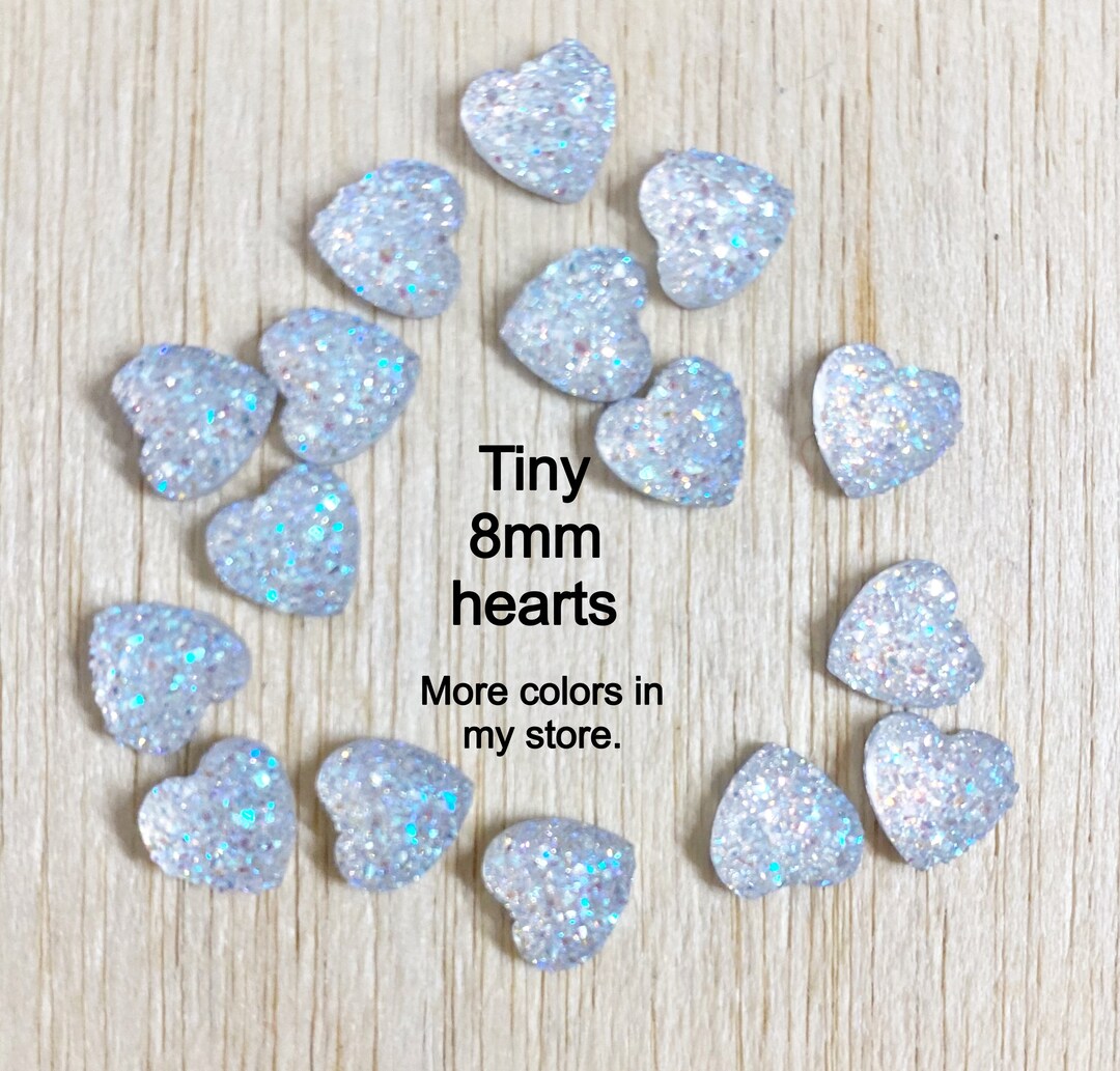 White Heart Cabochon, Clear Tiny Heart, Translucent Mini Heart, Glitter ...