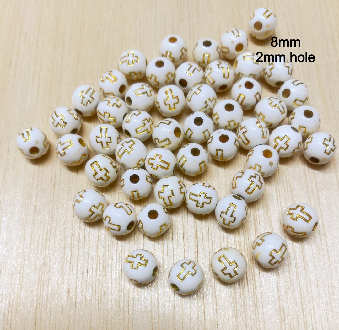 Cross Beads, Round Cross Beads, Acrylic Cross Beads, off White and Gold ...