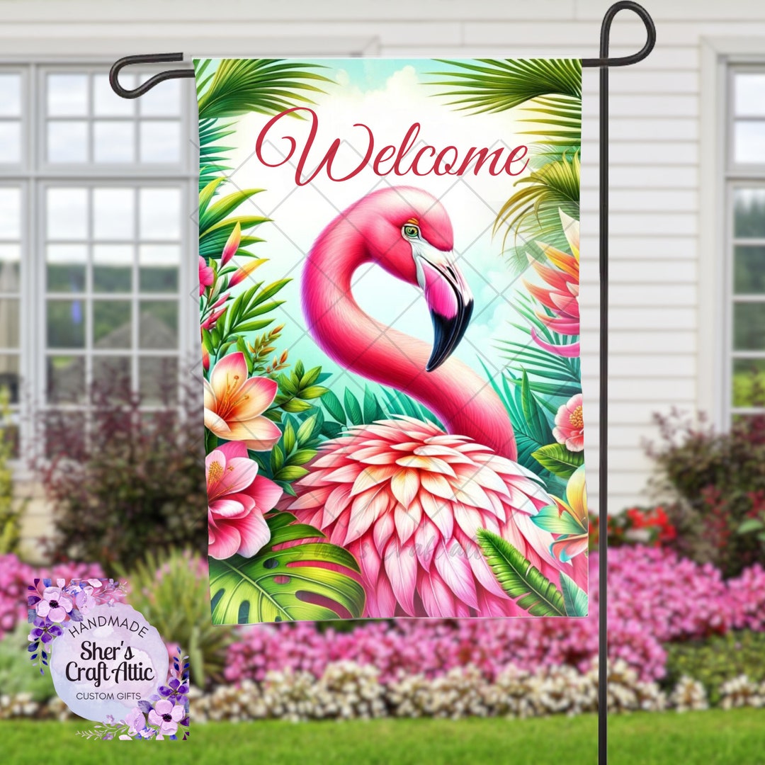 12x 18 Garden Flag Sublimation Design - Vibrant Summer Flamingo Garden ...