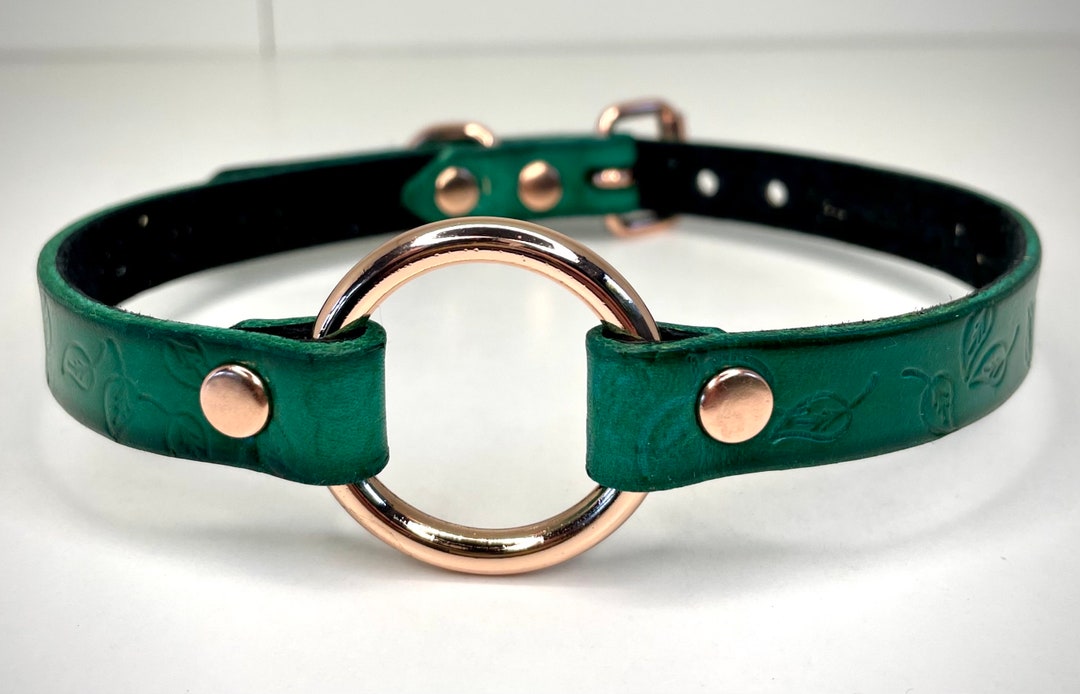 Pre Made Green Leather Collar With Leaf Stamping Rose Gold Hardware ...