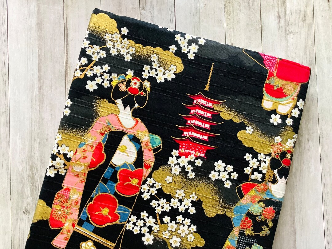 100% Cotton Japanese Fabric With Large Geisha Patterns Black - Etsy