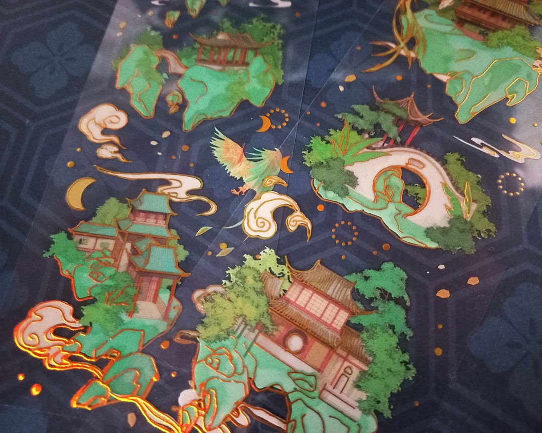 Transparent Asian Temple Stickers PET Gold Foil Asian Temple Stickers ...