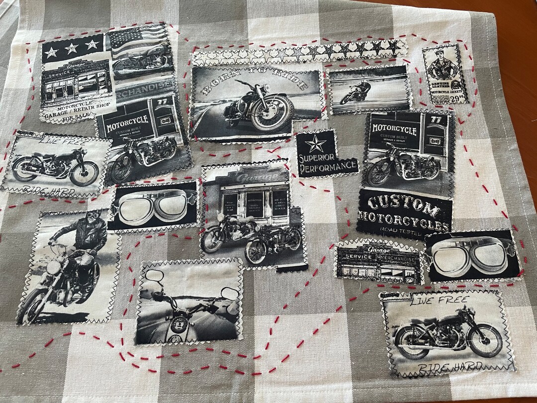 Motorcycle Ride Accent Towel, Embroidery, Black , White, Red, Zig-zag ...