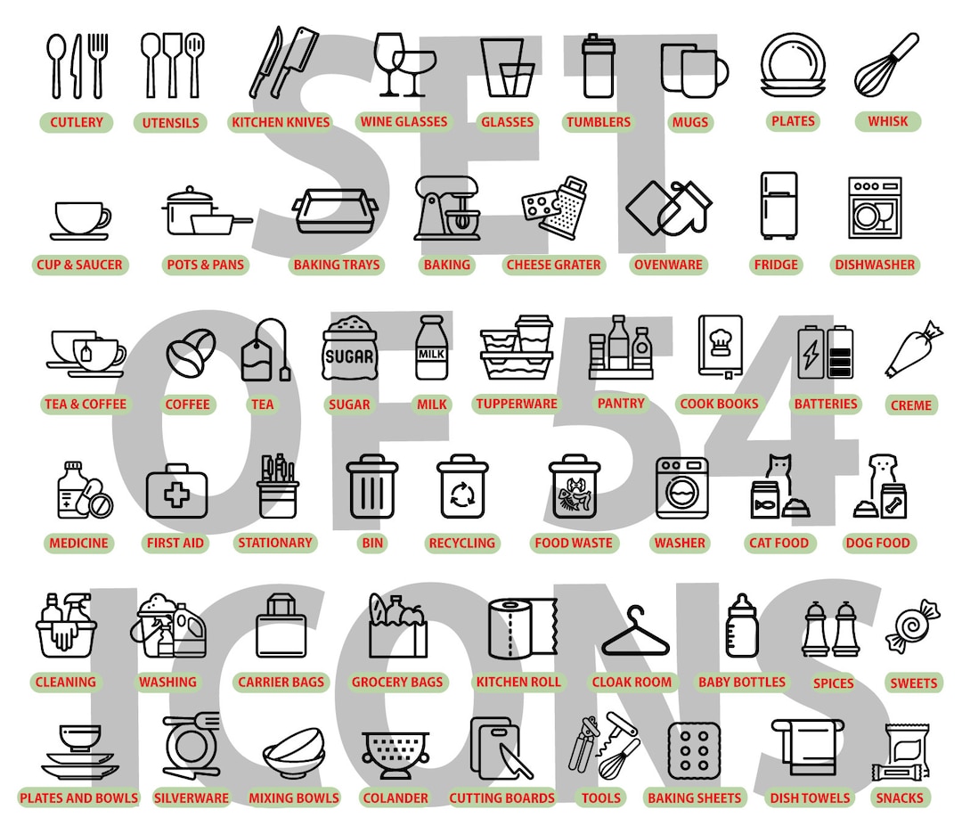 SET of 54 Small Elegant Kitchen Utensil Icon Decals, Kitchen Icons ...