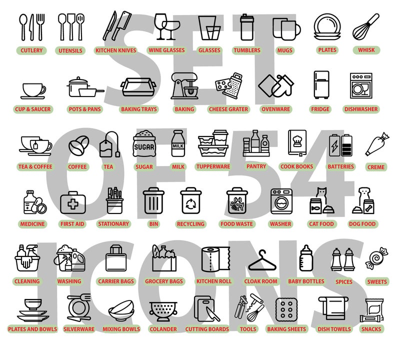 SET of 54 Small Elegant Kitchen Utensil Icon Decals, Kitchen Icons ...
