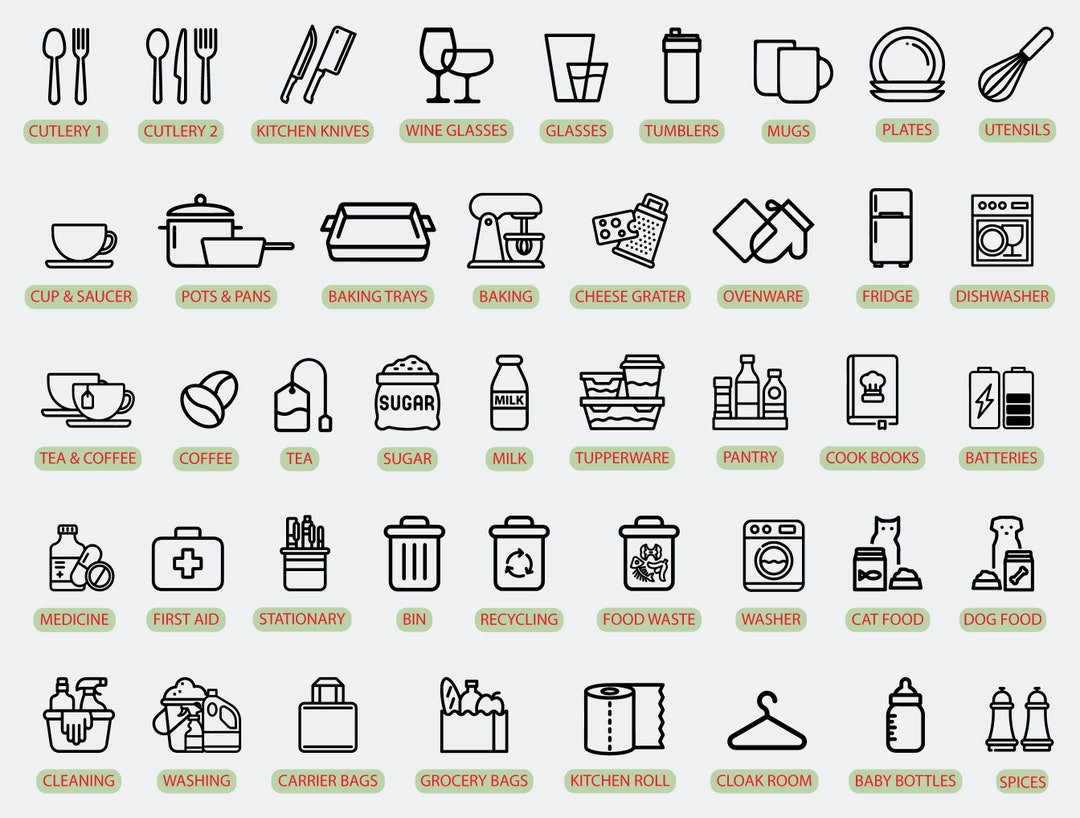 Kitchen Utensil Icon Decals, Kitchen Icons Stickers, Kitchen Organizing ...