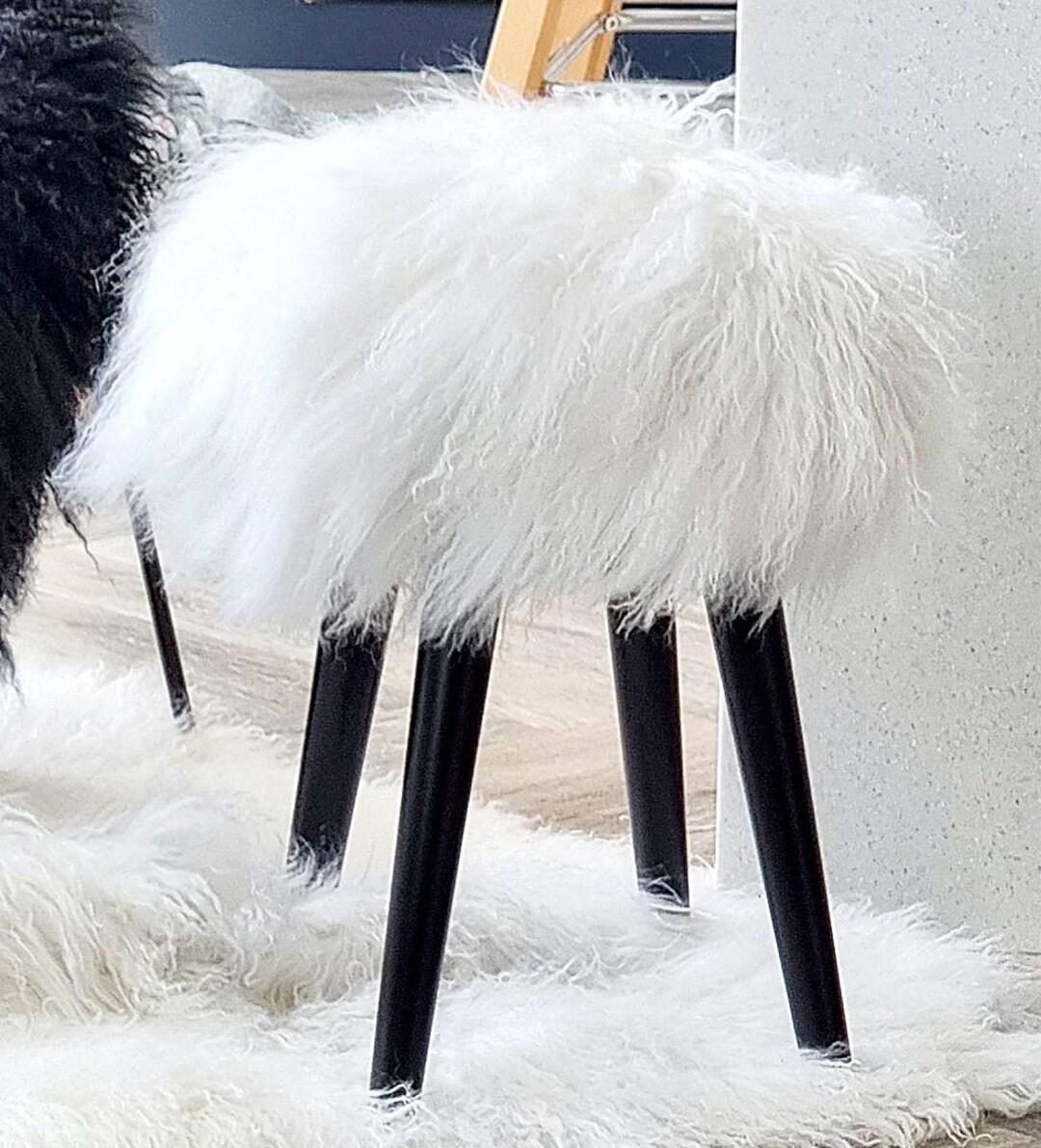 Sheepskin Fur Wooden Stool Handmade With Black Legs - 100% Genuine ...