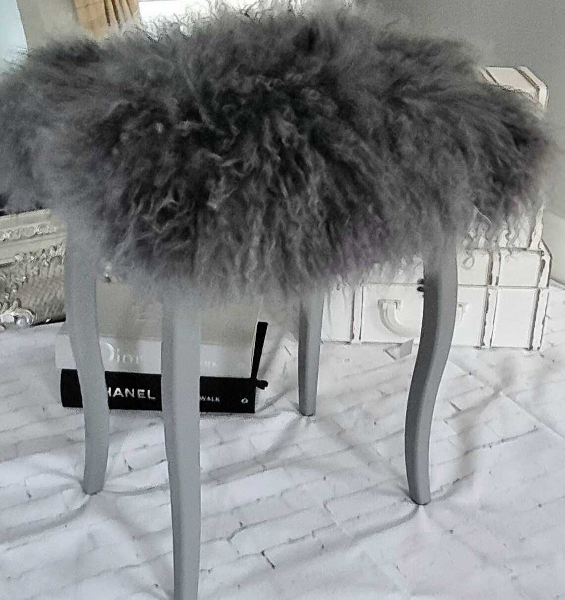 Fur Dressing Table Stool. 100% Mongolian Long Hair Sheep Fur | Etsy UK
