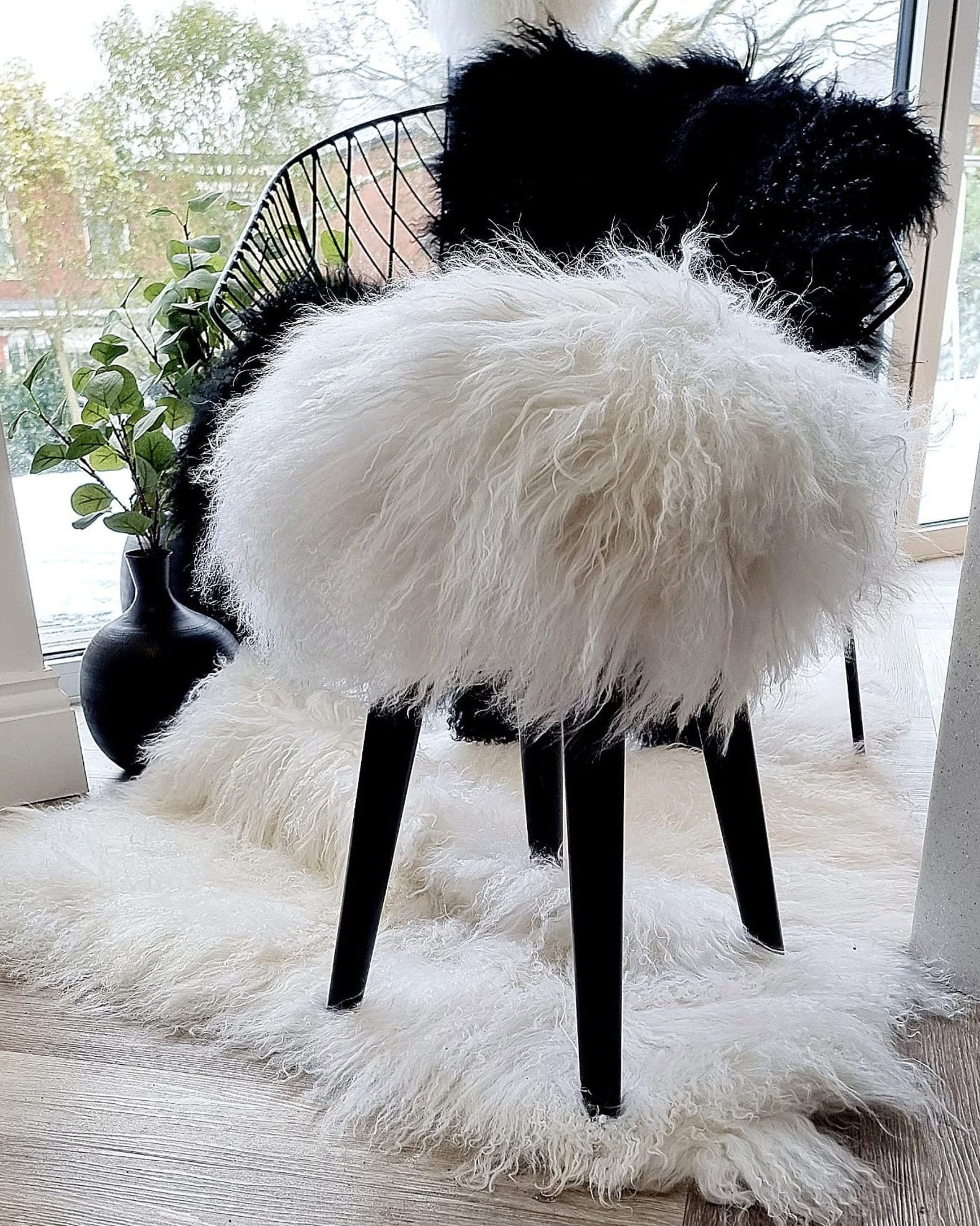 Sheepskin Fur Wooden Stool Handmade With Black Legs - 100% Genuine ...