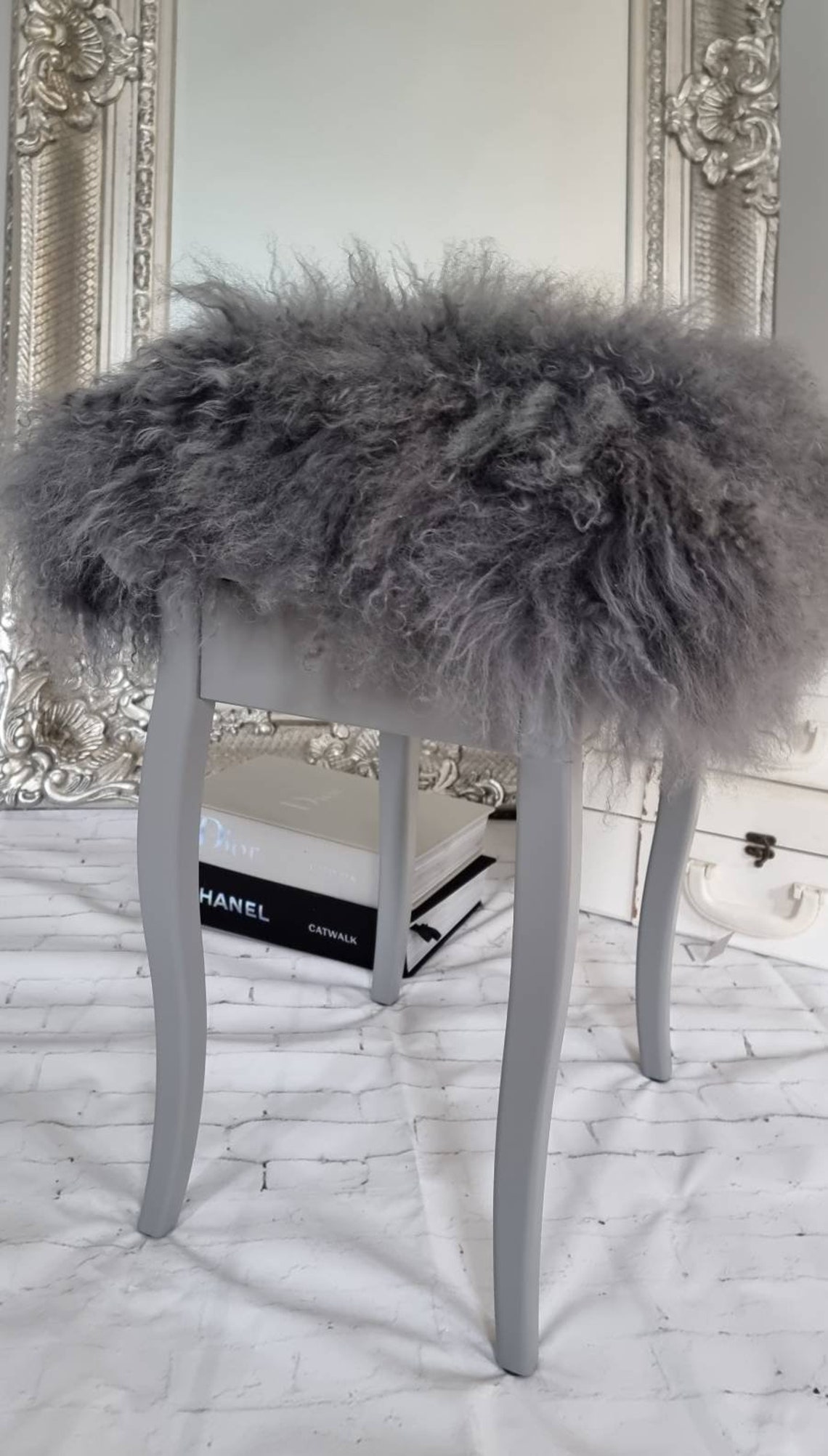 Fur Dressing Table Stool. 100% Mongolian Long Hair Sheep Fur | Etsy UK