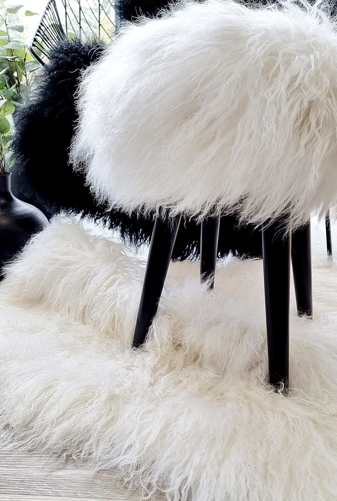 Sheepskin Fur Wooden Stool Handmade With Black Legs - 100% Genuine ...