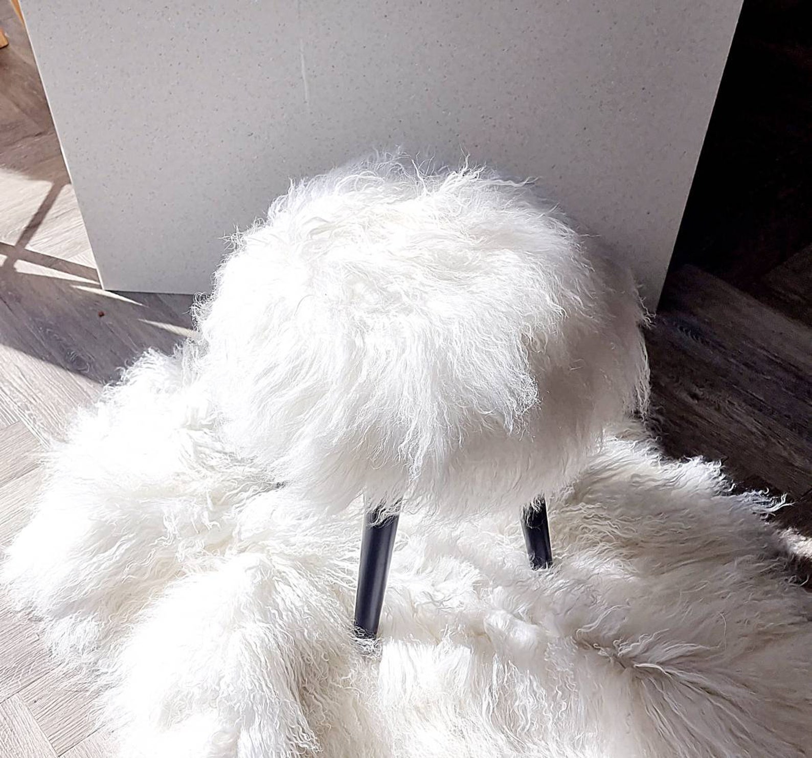 Sheepskin Fur Wooden Stool Handmade With Black Legs - 100% Genuine ...