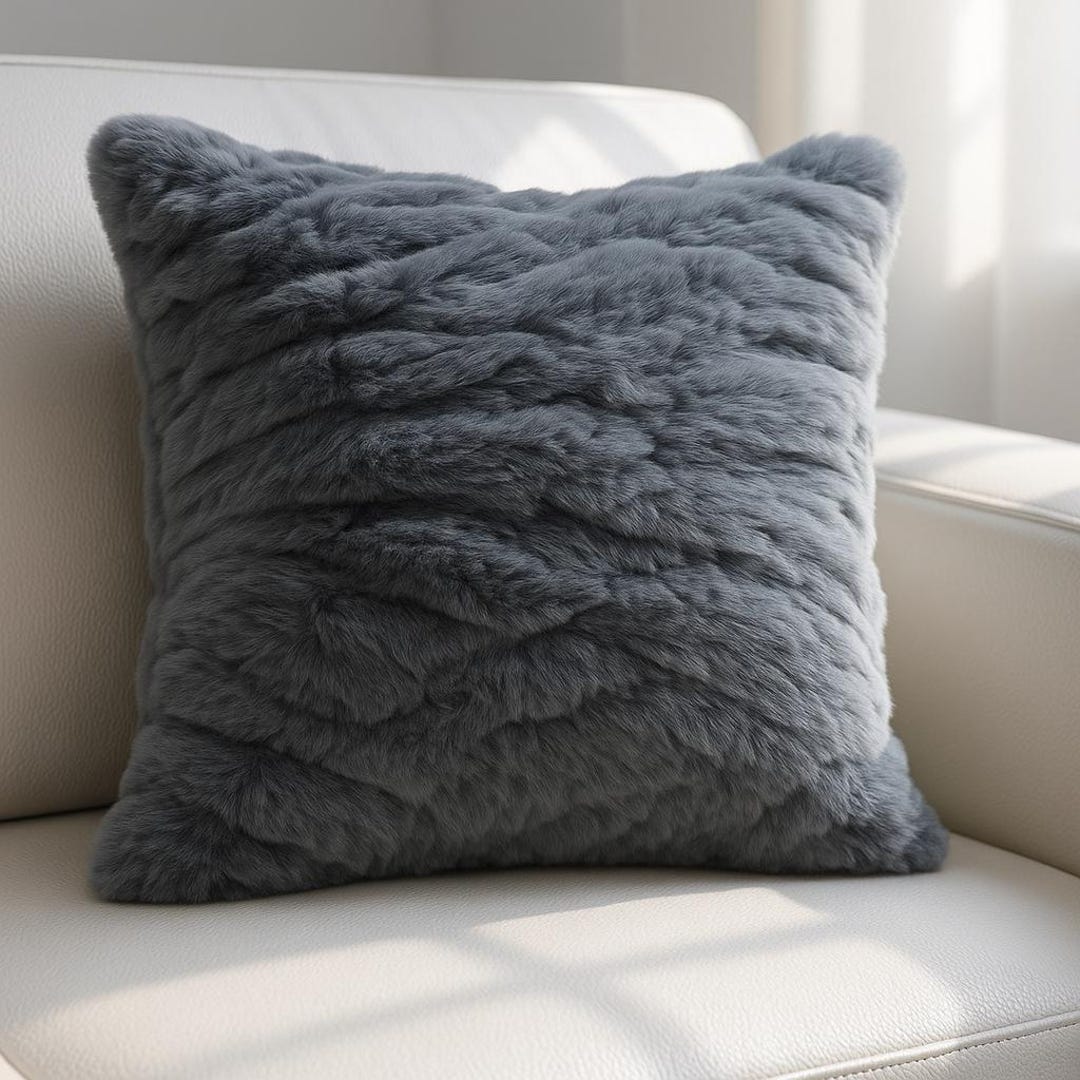 Real Natural Gray Rabbit Fur Cushion Square Gray Fur Cushion Fur Pillow ...