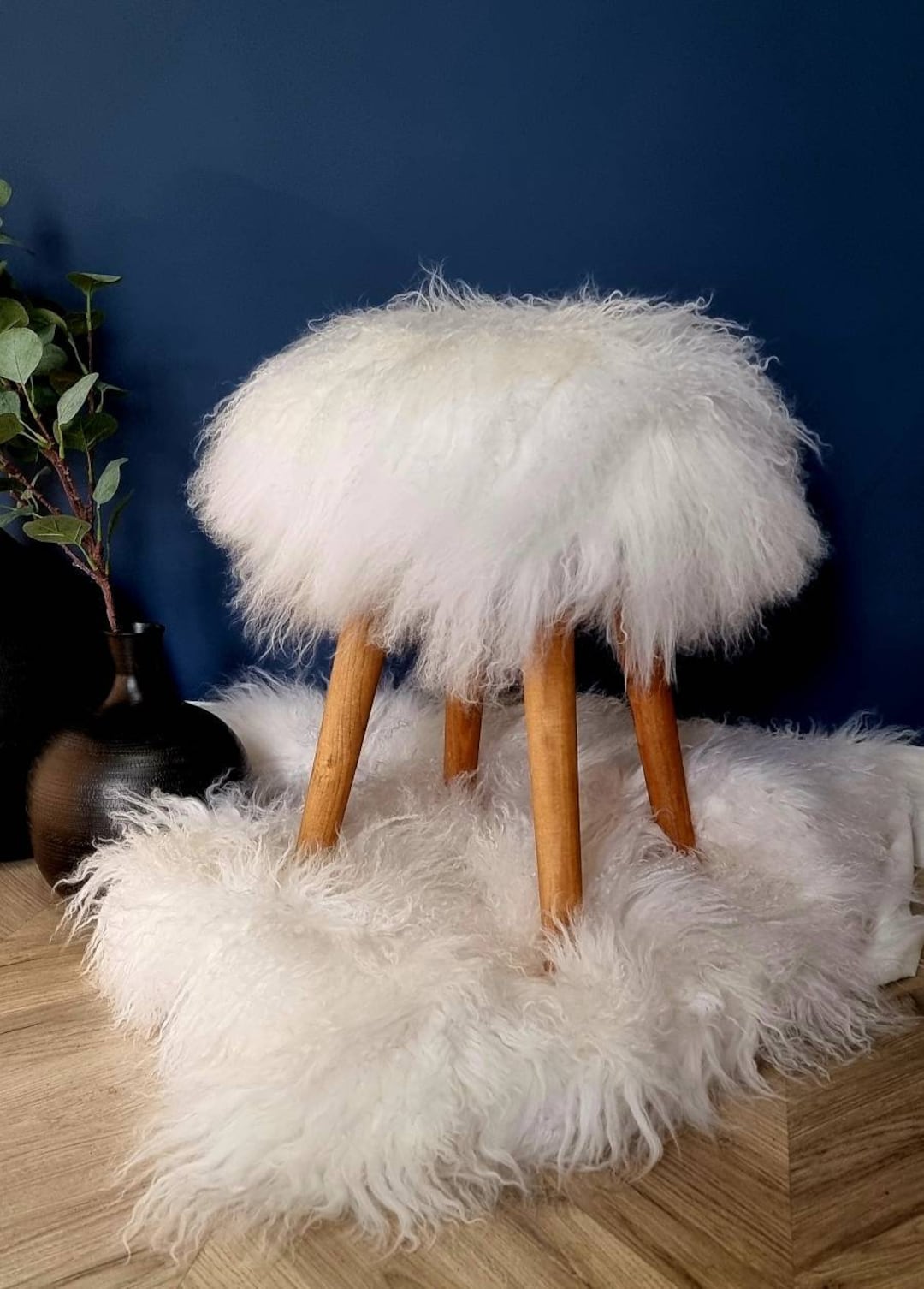 100% Genuine Mongolian Fur Stool White With Wooden Legs. - Etsy